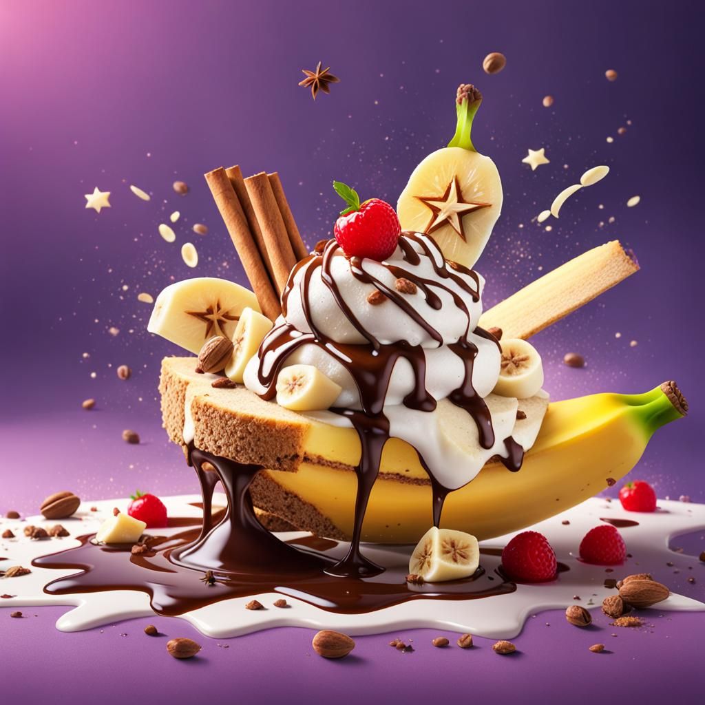 Banana split dessert, a cinnamon stick, cardamom star - AI Generated ...