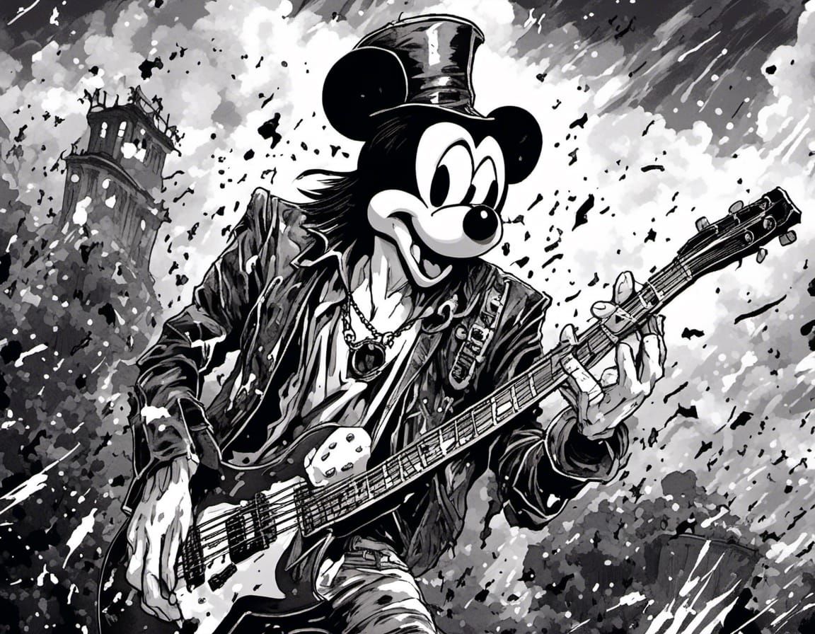 Micky Mouse as Slash from Guns_N_Roses, on stage doing guitar solo for November rain, incredibly ...