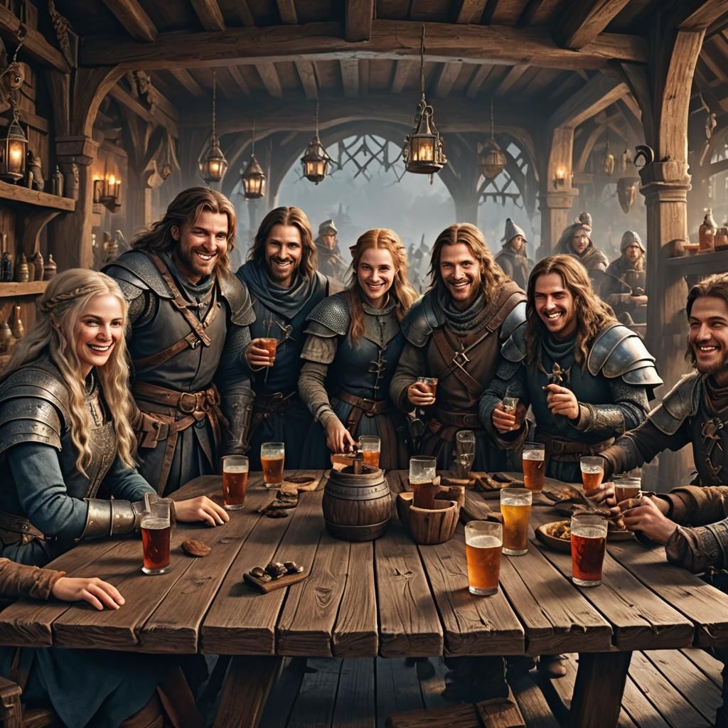 Medieval fantasy Adventurer group who laught around a wooden table with ...