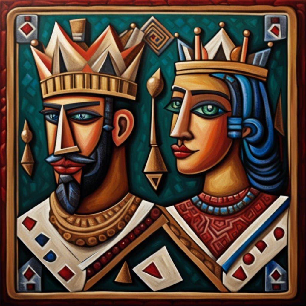 Create an imaginative oil painting featuring the king and queen face ...