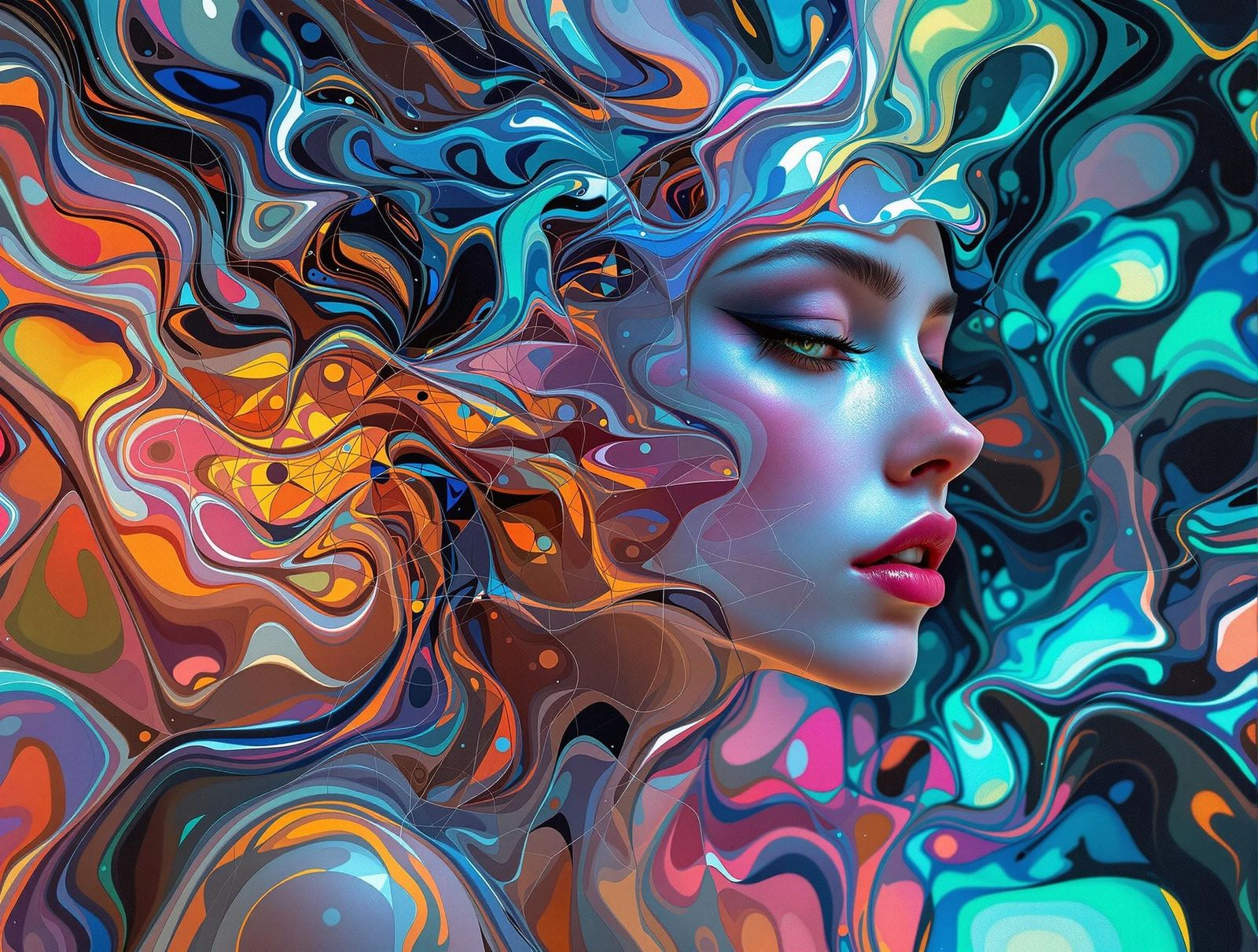 Ethereal Woman Emerges from Vibrant Optical Illusi... - AI Art