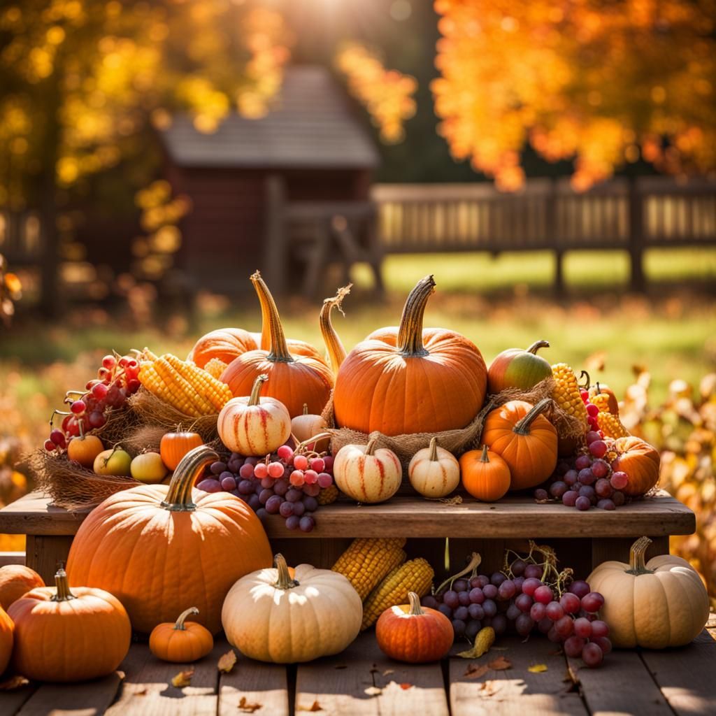 A vibrant Fall Harvest scene with a rustic wooden table - AI Generated ...