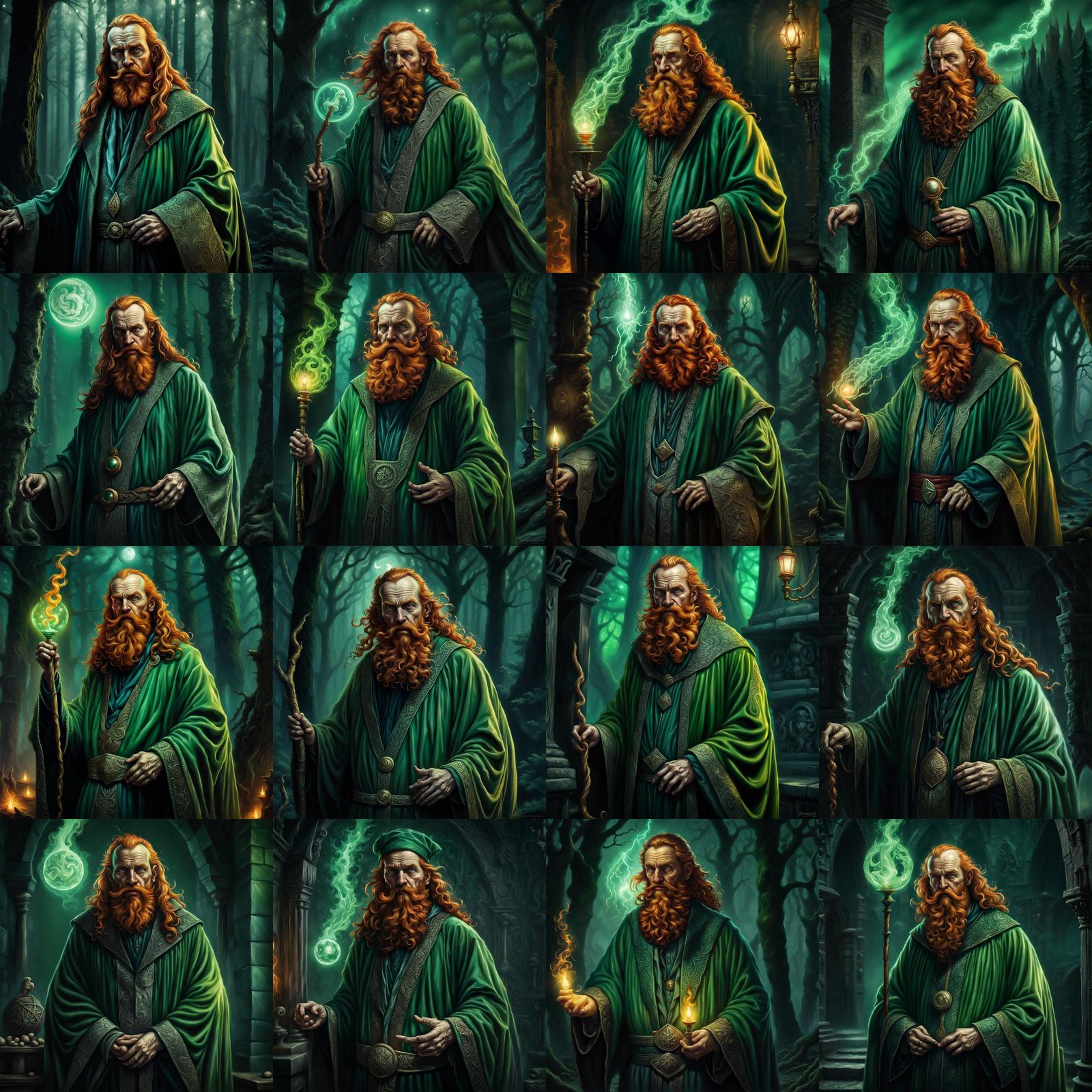 Wizard with a ginger beard wearing a green robe. intricate details, HDR ...