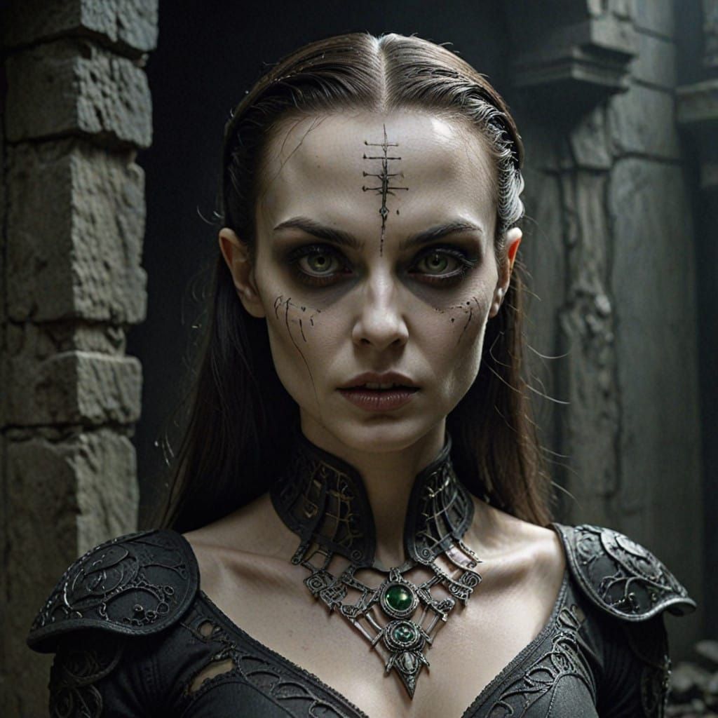 Darkly enigmatic female vampire with riveting green eyes, bold defined ...