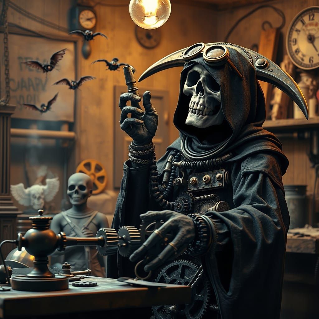Steampunk Reaper Tinkers Soul Catcher in Gears and... - AI Art