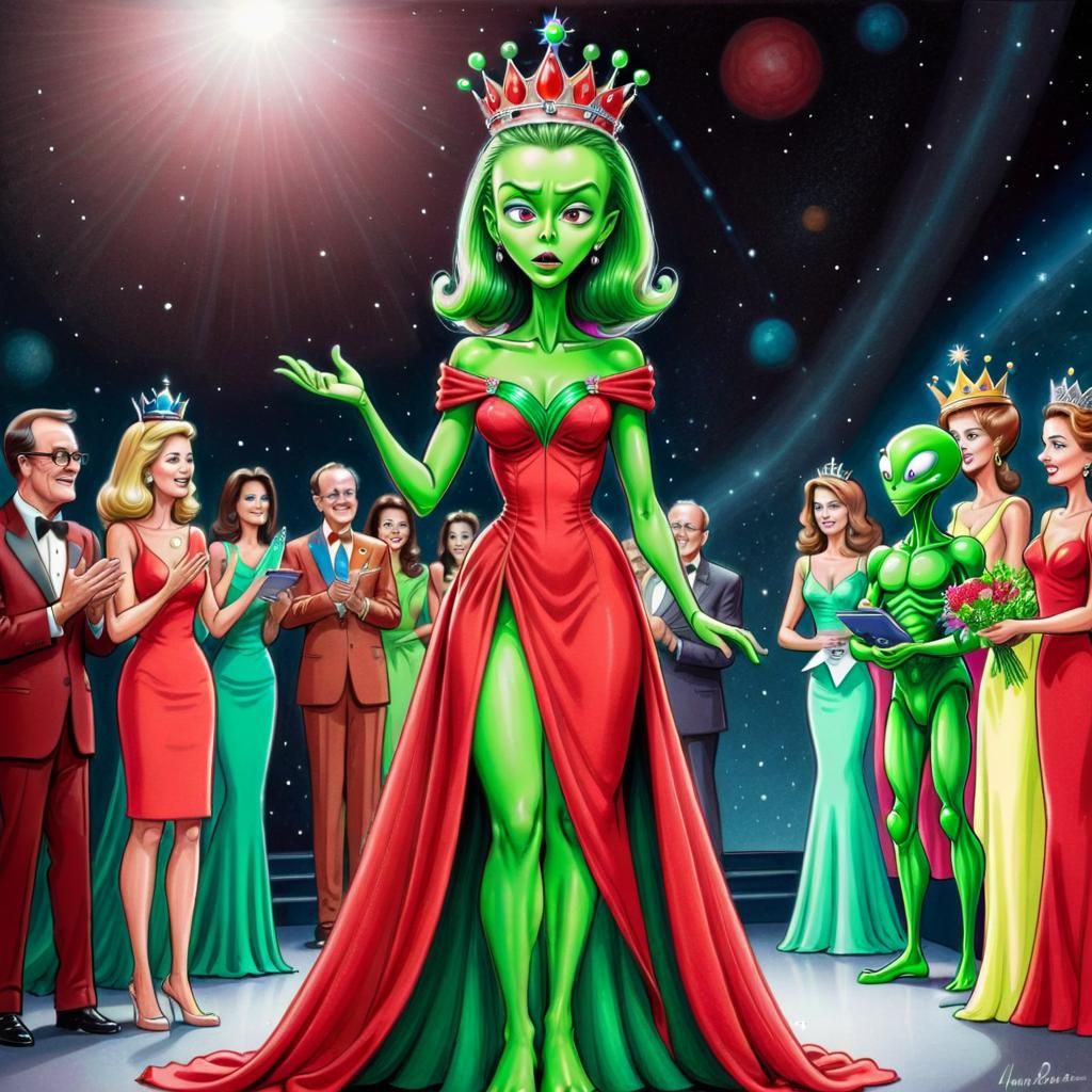 Female alien wins Miss Universe award. (Speech on teather:1.2). Red ...