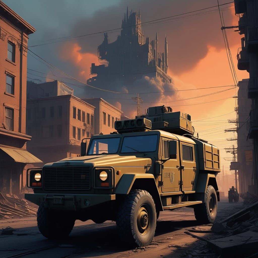 convoy - Armored Convoy Storms War-Torn Cityscape in Golden ...