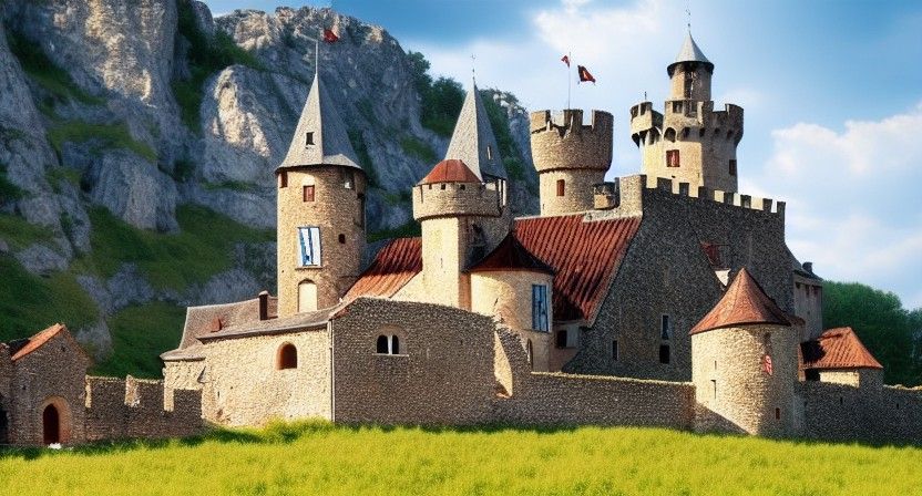 small medieval castle and village in the dark medieval times of black ...