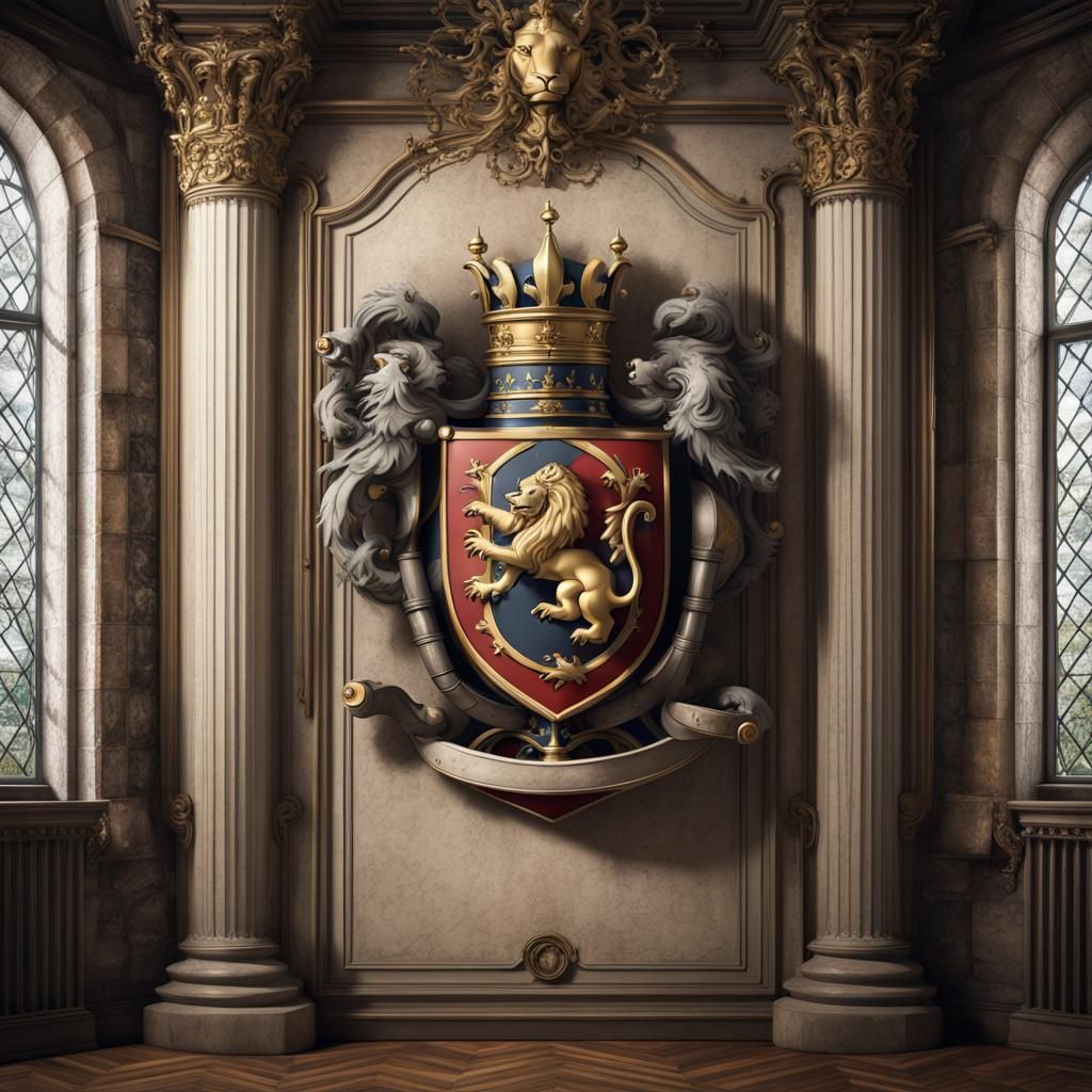 A grand European heraldic shield mounted on a wall in a castle Great ...