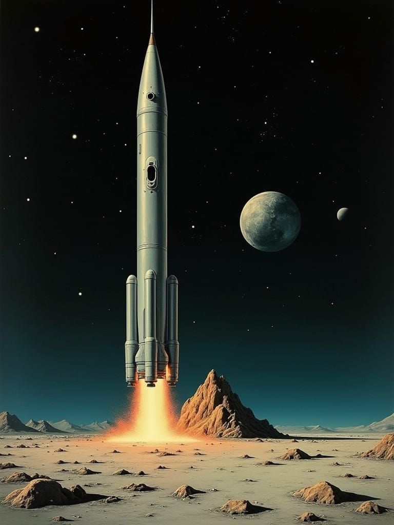 Blast-off - Retro Futuristic Space Rocket on the Moon in Met...