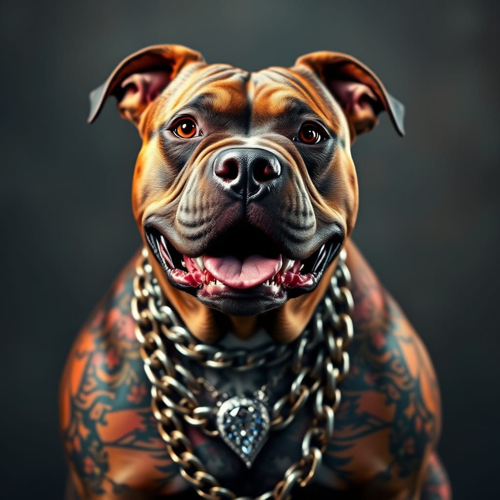 Regal Pit Bull Gangster in Vibrant Tattoos and Dia... - AI Art
