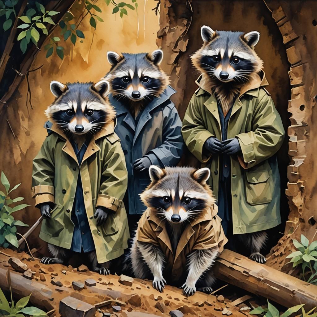 Four raccoons hiding under one trench coat - AI Generated Artwork ...