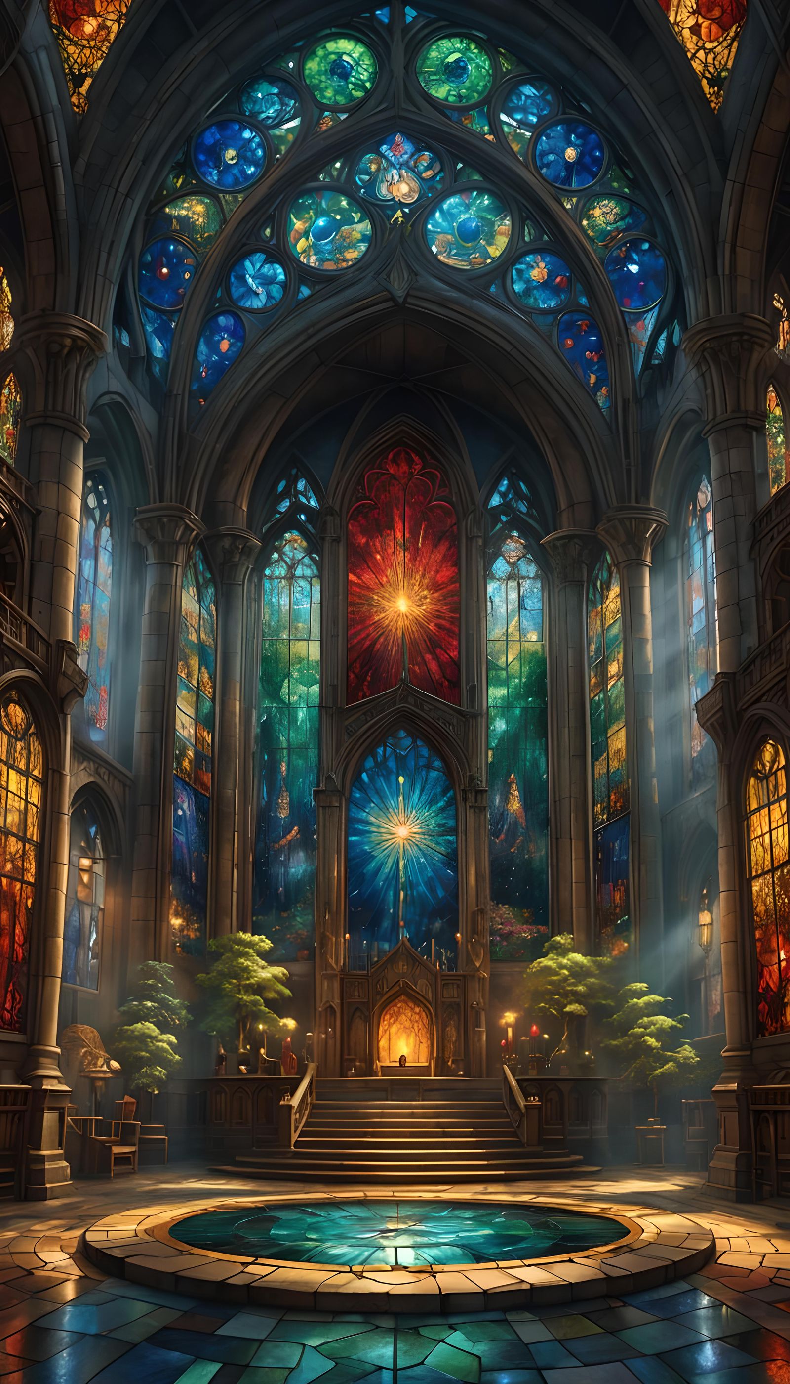 (centered view empty stage: 2.0) of elemental temple with fire red ...