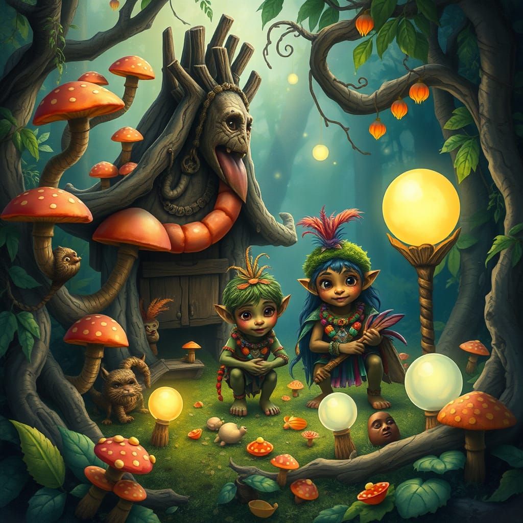 Whimsical Forest Pygmy Tribe in Ancient Tribal Aes... - AI Art