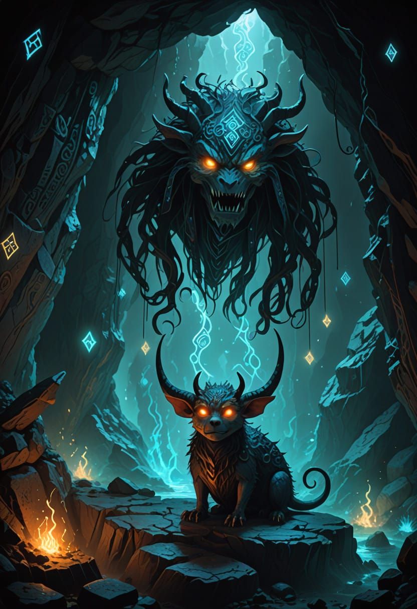 Enchanted Creature in Luminous Cave of Ancient Run... - AI Art