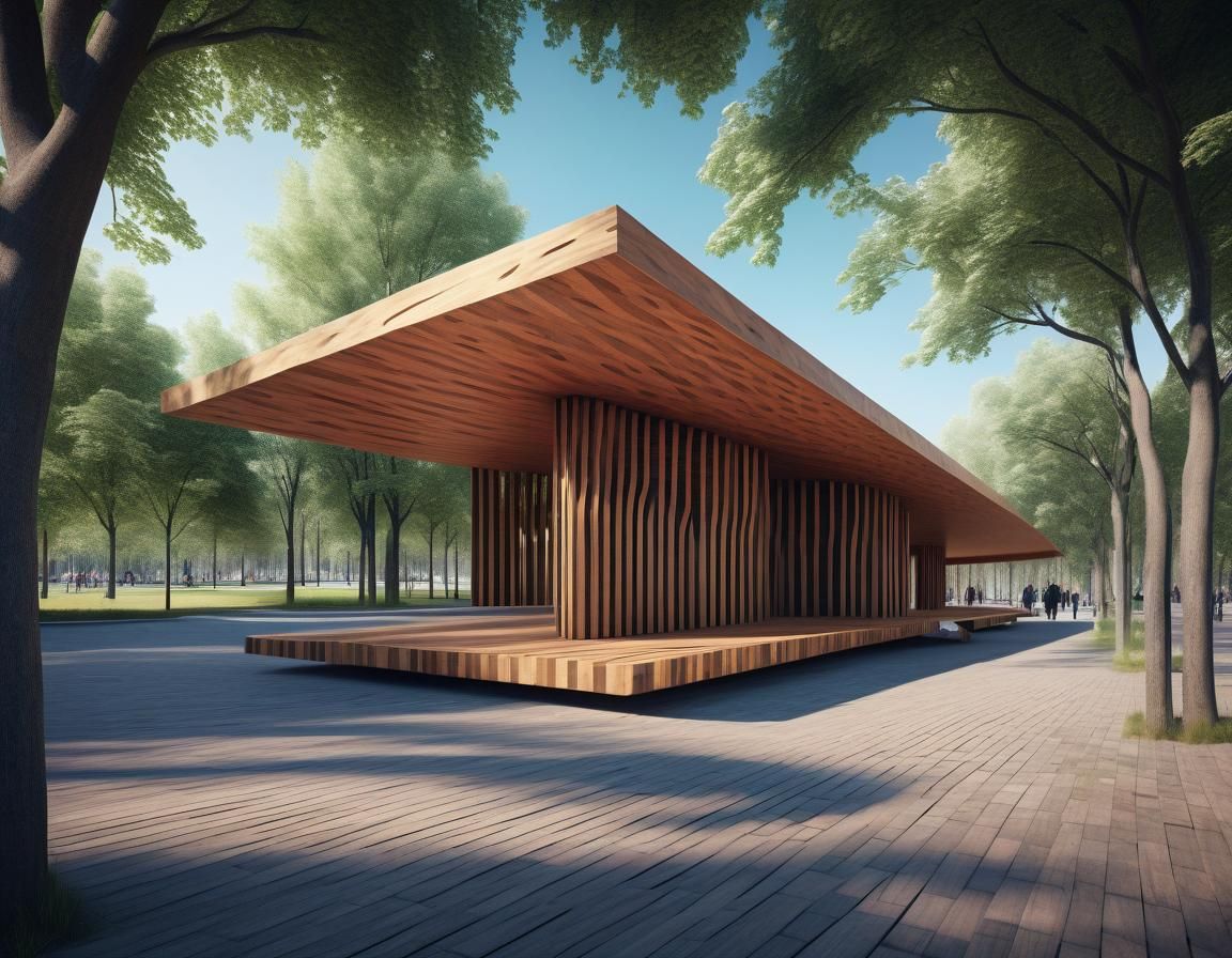 Parametric architecture wooden,in a park with polls. color corrected ...