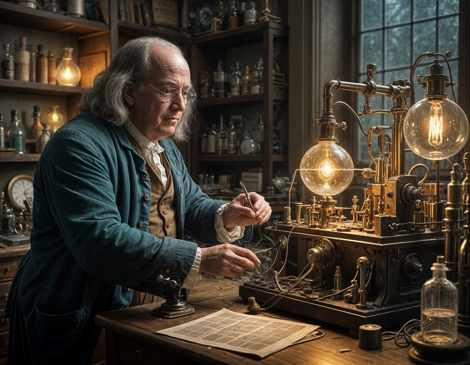 Benjamin Franklin in his lab finishing an electric invention, the lab ...