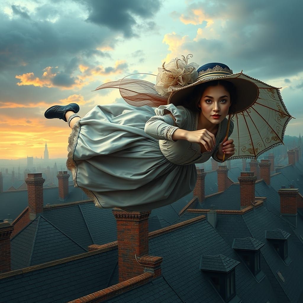 Victorian Flying Beauty Soars Over Rooftops - AI Art