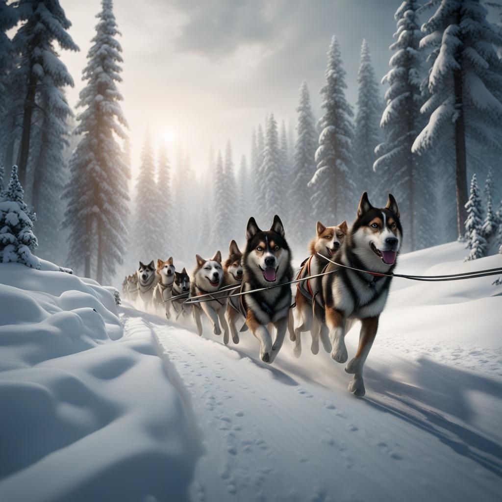 A hyper-realistic dog sled race between two teams through a snowy ...