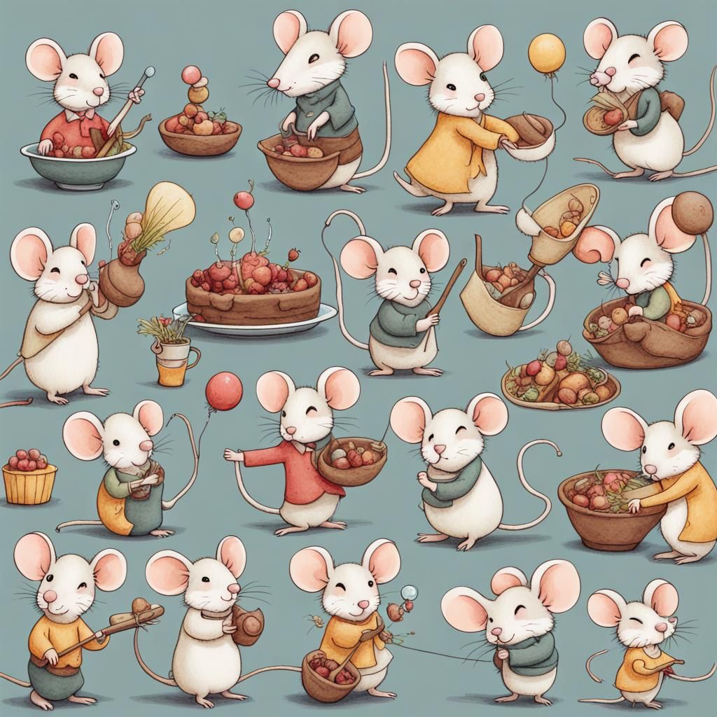 Whimsical illustrations showcasing cute and expressive mice engaged in ...