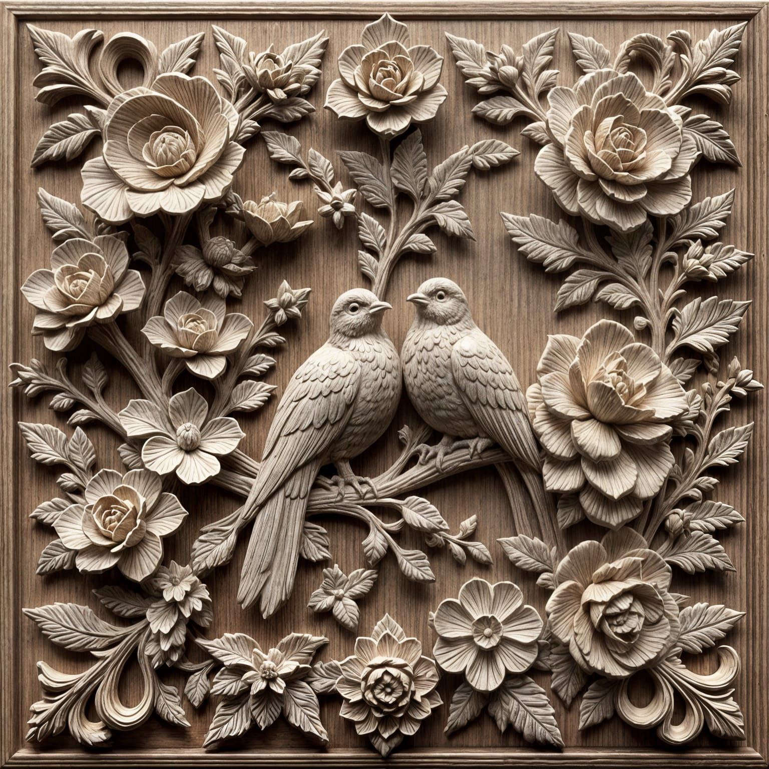 doves in love - Baroque Wooden Ornament in Intricate Relief