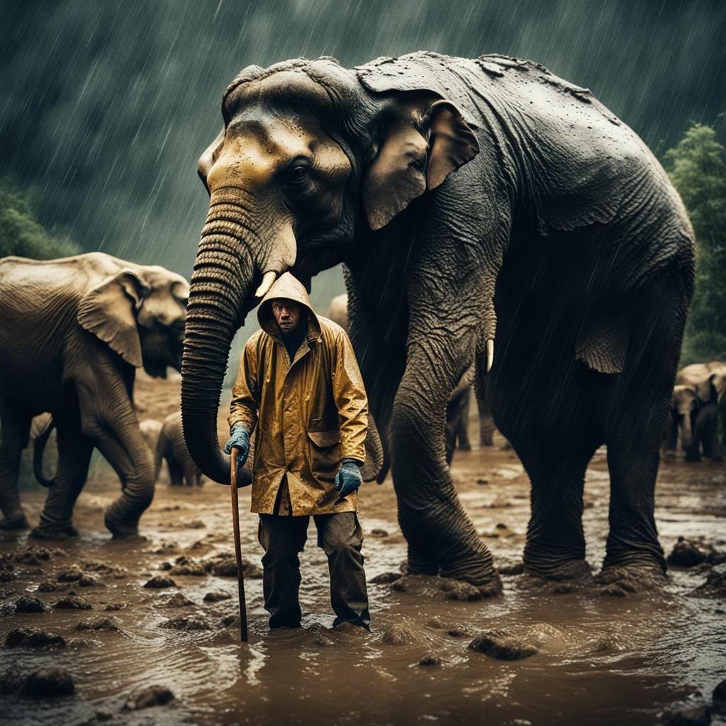 Dirty Zookeeper Amidst Elephant Excrement, Cinemat... - AI Art