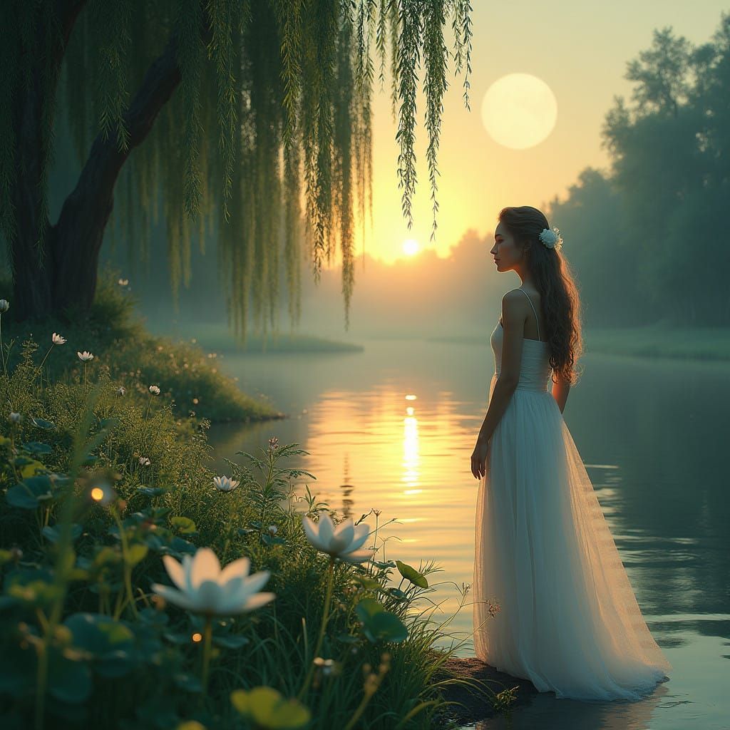 Surreal Moonlit Maiden Stands at River's Edge with... - AI Art
