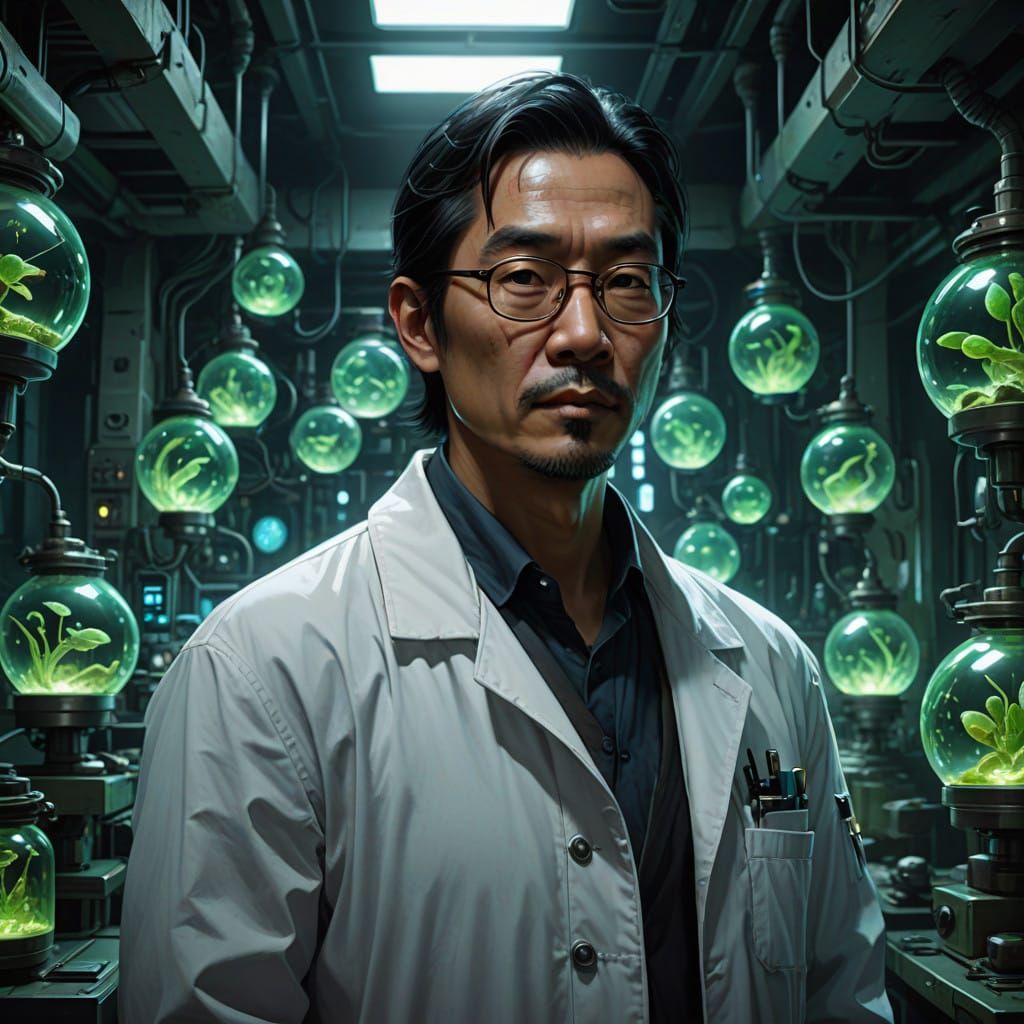 Cyberpunk Scientist Among Bioluminescent Beasts in... - AI Art