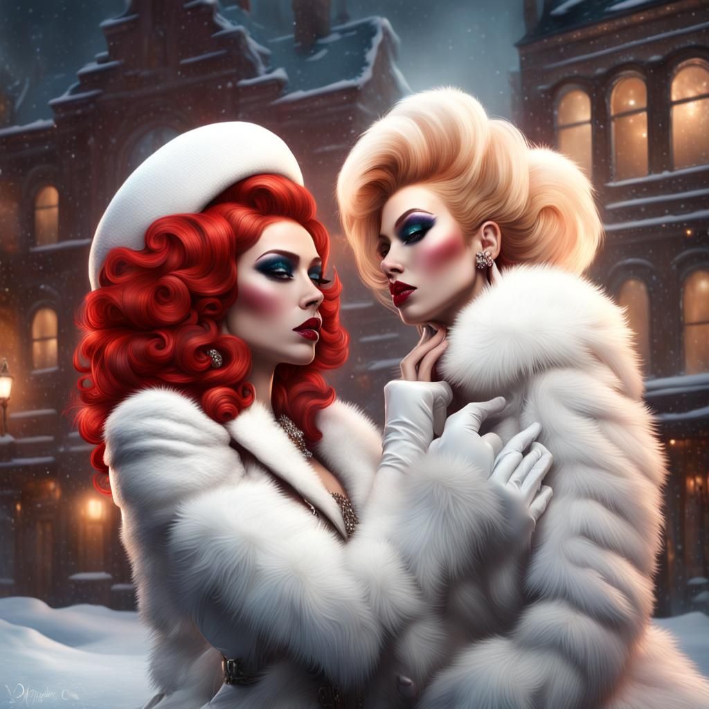 hyper real campy sissy drag queen wearing white winter fur coat, gloves ...