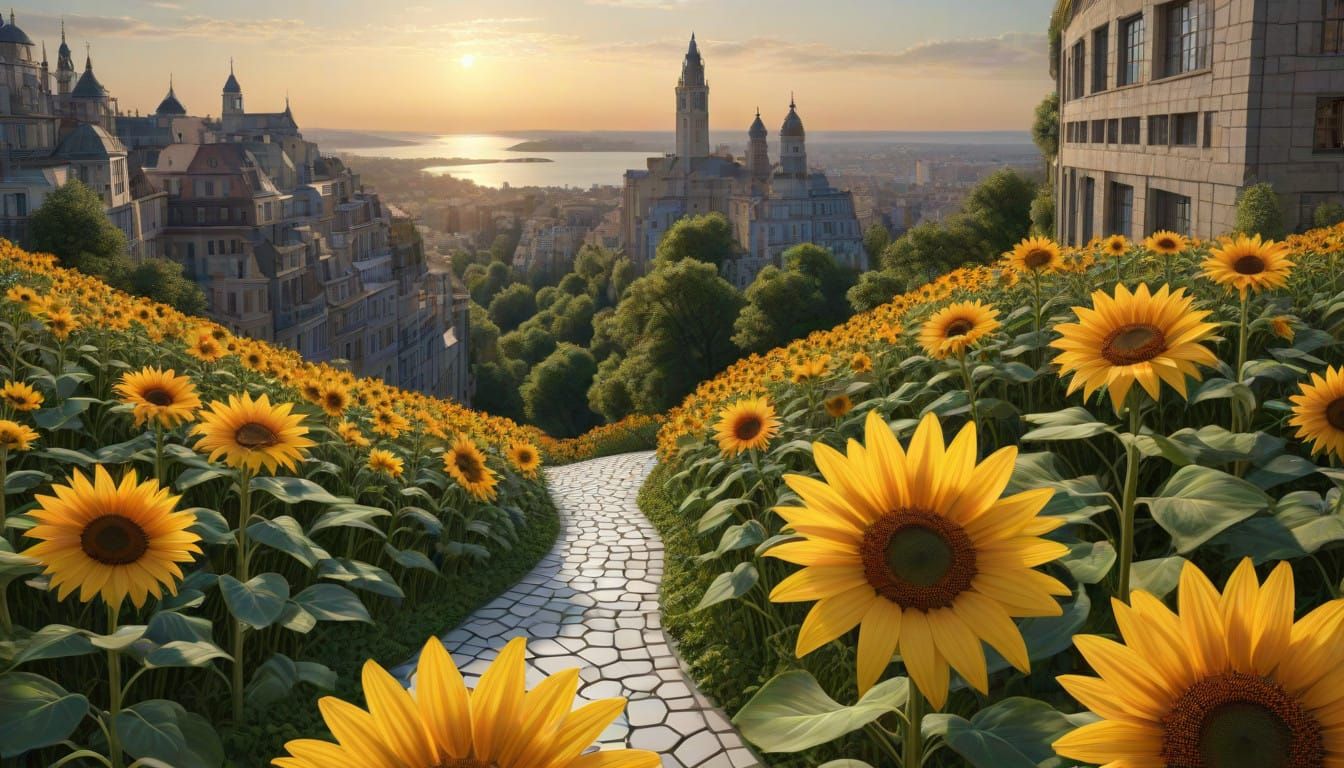 Symmetrical Cityscape at Sunset, Blending Math and... - AI Art