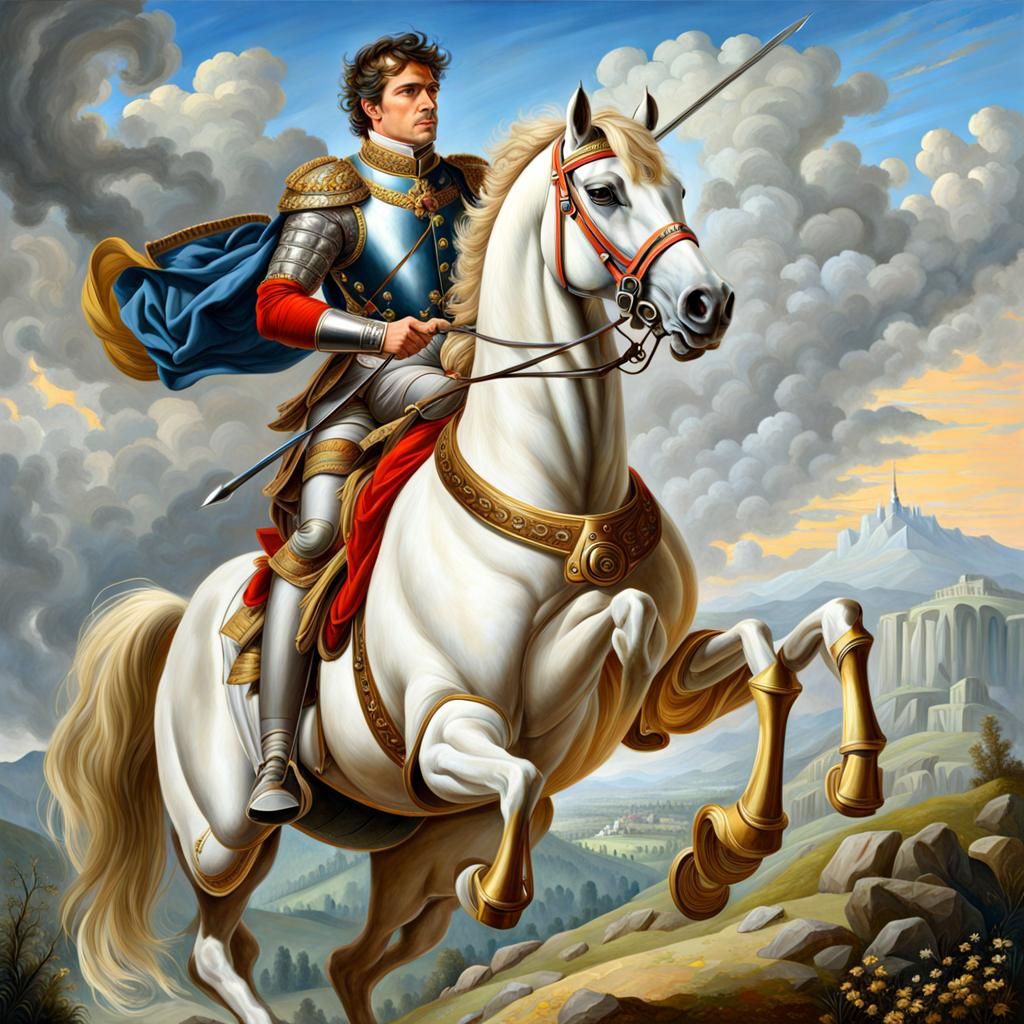 Kingly Knight riding a heroic looking Horse. Oil on Canvas. detailed ...