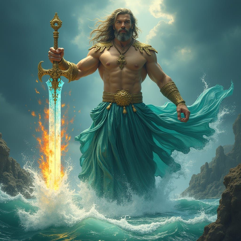 Poseidon's water sword extinguishes the fire