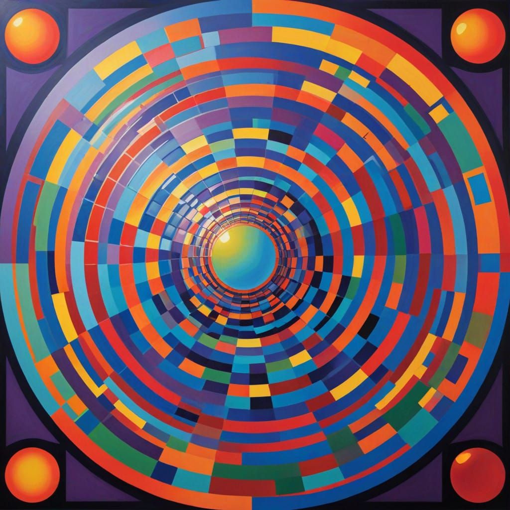 Overlapping, colorful concentric circles with radiant gradients - OP Art