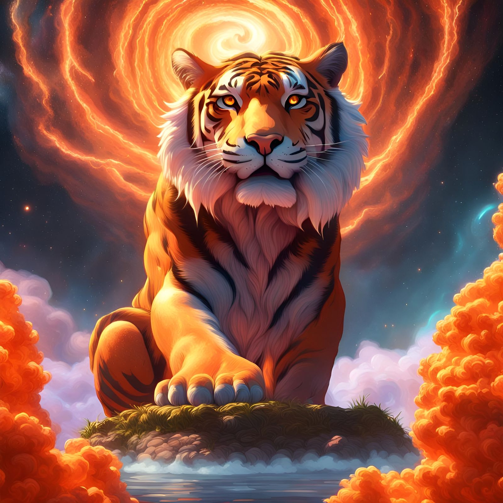 Elemental tiger guardian surrounded by swirling orange firestorms ...