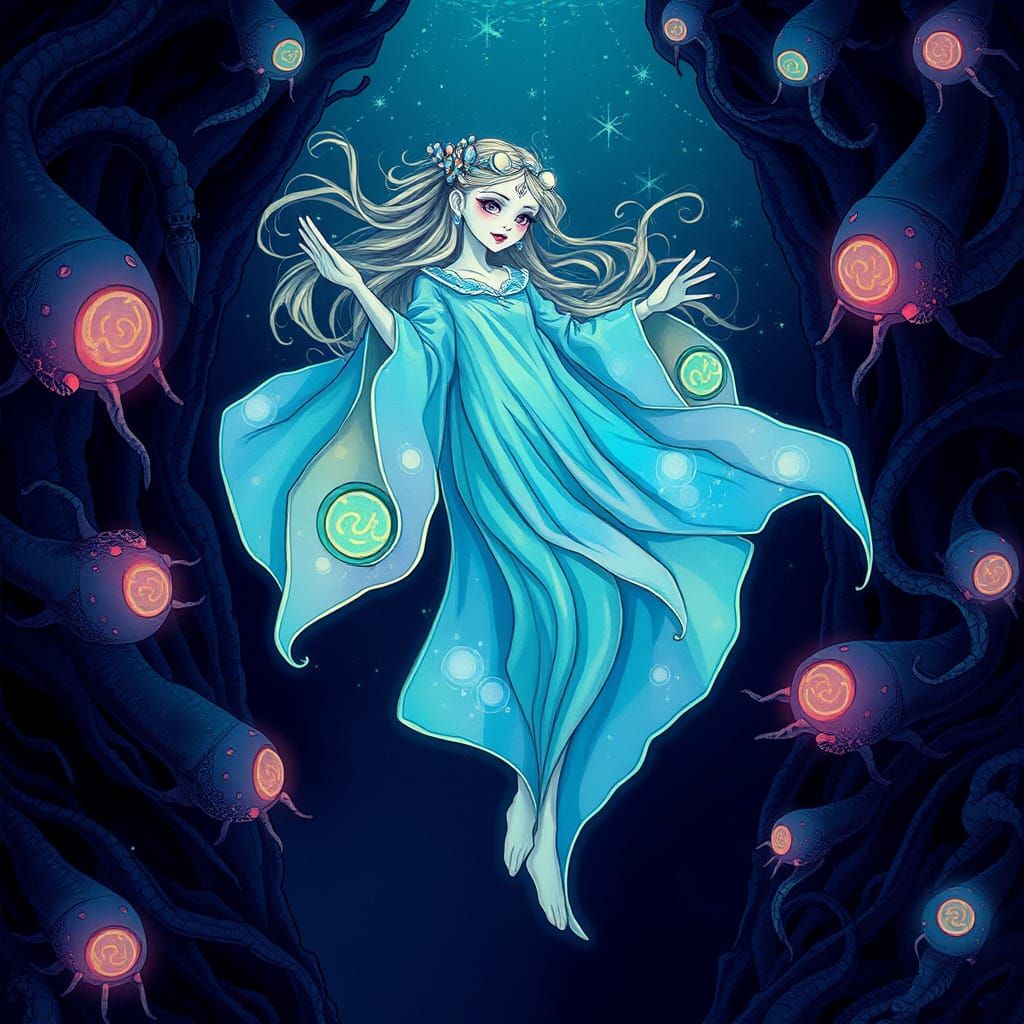 Bioluminescent Avatar Floats in Deep Sea Trench - AI Art