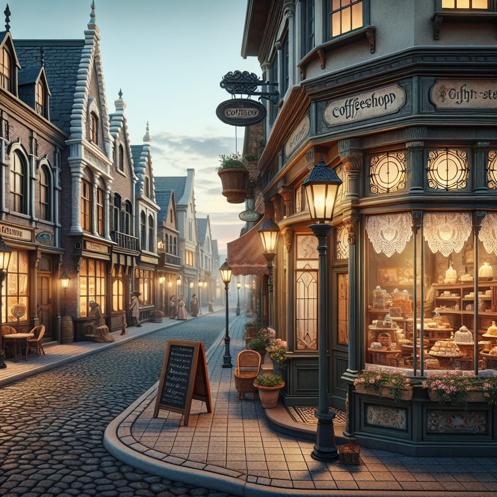 An atmospheric Victorian-era street featuring two distinct storefronts ...