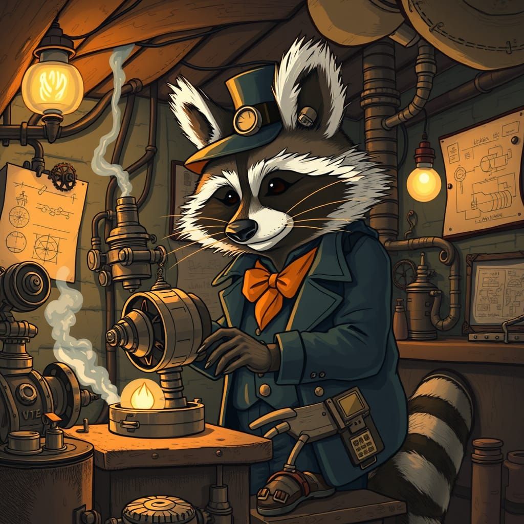 Steampunk Raccoon Inventor in Underground Workshop - AI Art