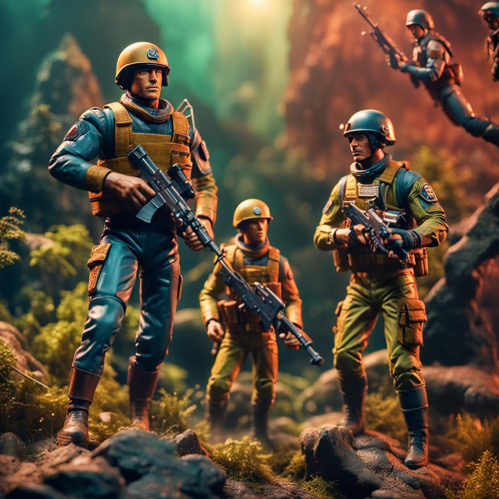 1980's Action Man figures in a diorama detailed matte painting, deep ...