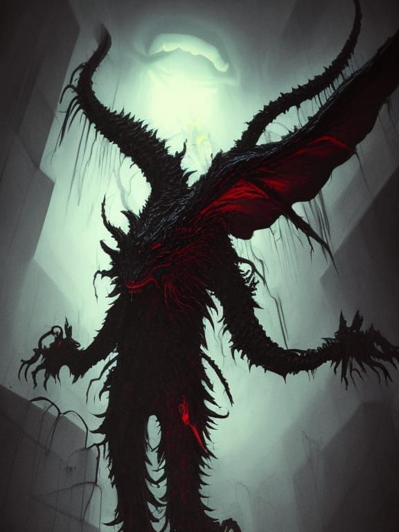 night demon with big red eyes , horns talons lizard eyes intricately ...