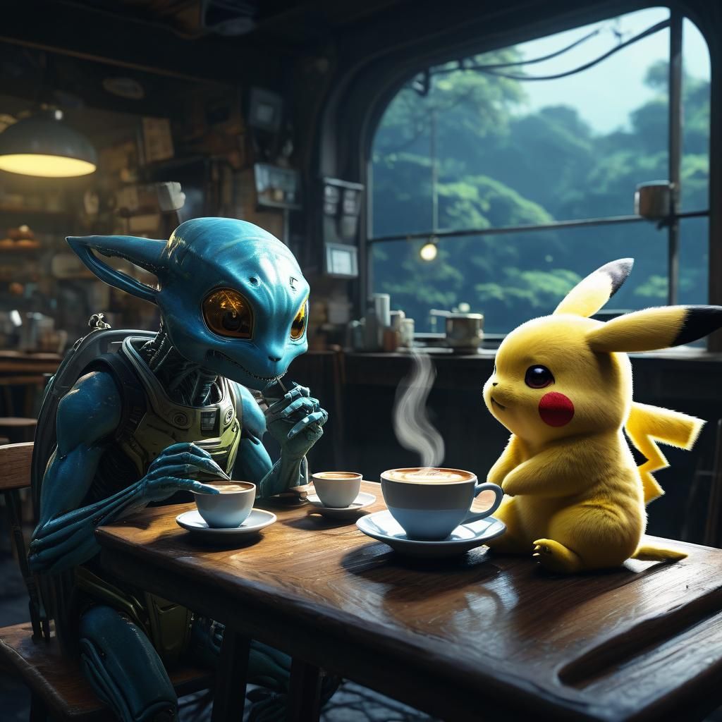 An alien having a coffee with pikachu - AI Generated Artwork ...