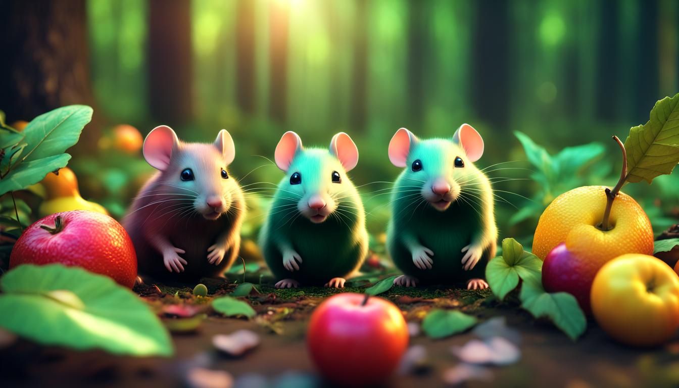 3D rendering of cute magical rodents, luscious fruit, funk sploosh ...