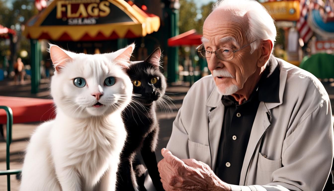 Old guy from Six Flags commercial talking to a white and black cat ...