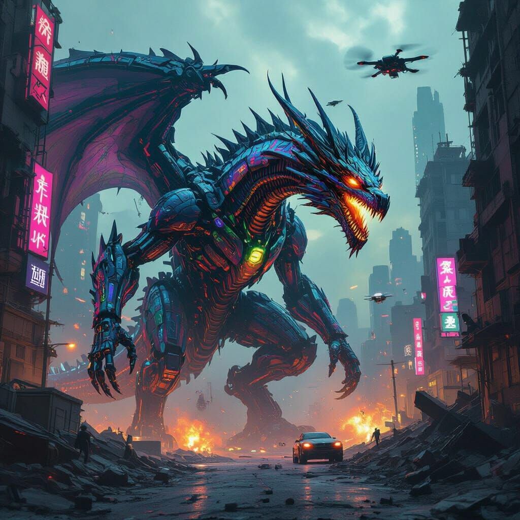 Cyberpunk Dragon Rampage in Dystopian Cityscape - AI Art