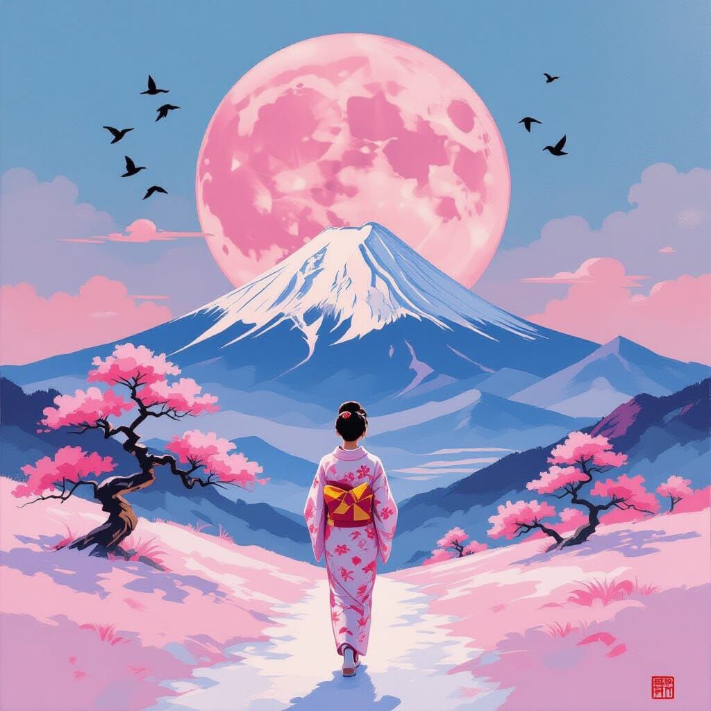 Along the pink path - Woman in Pink Kimono: Impasto Oil Pain...
