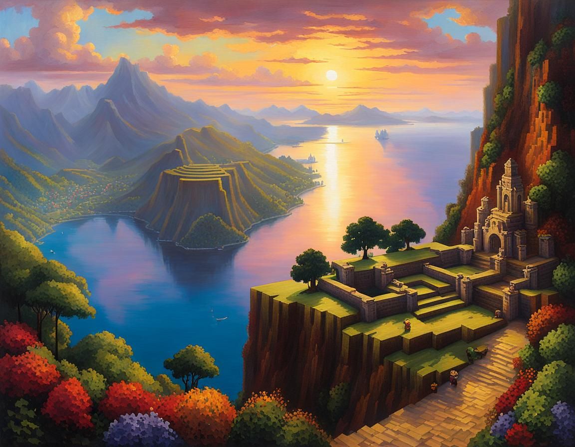 Minecraft Nether portal on a cliff overlooking the Taal lake, oil on ...