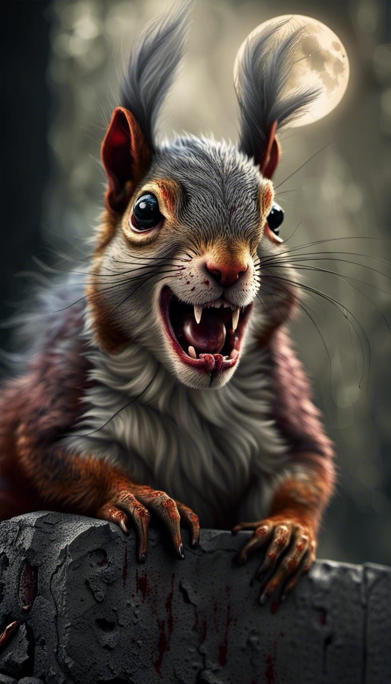 The rotted bloody zombie squirrel, from grave land in a dark cemetery ...