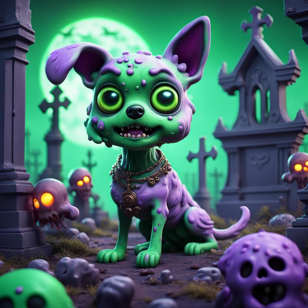Green and purple kawaii style zombie dog with big eyes in a spooky ...