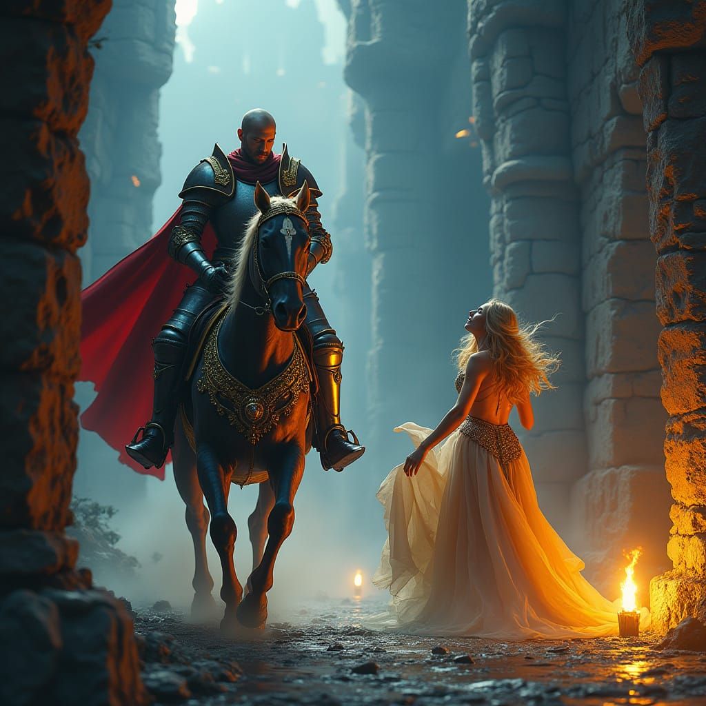 A knight in shining armour rescuing a damsel in distress.