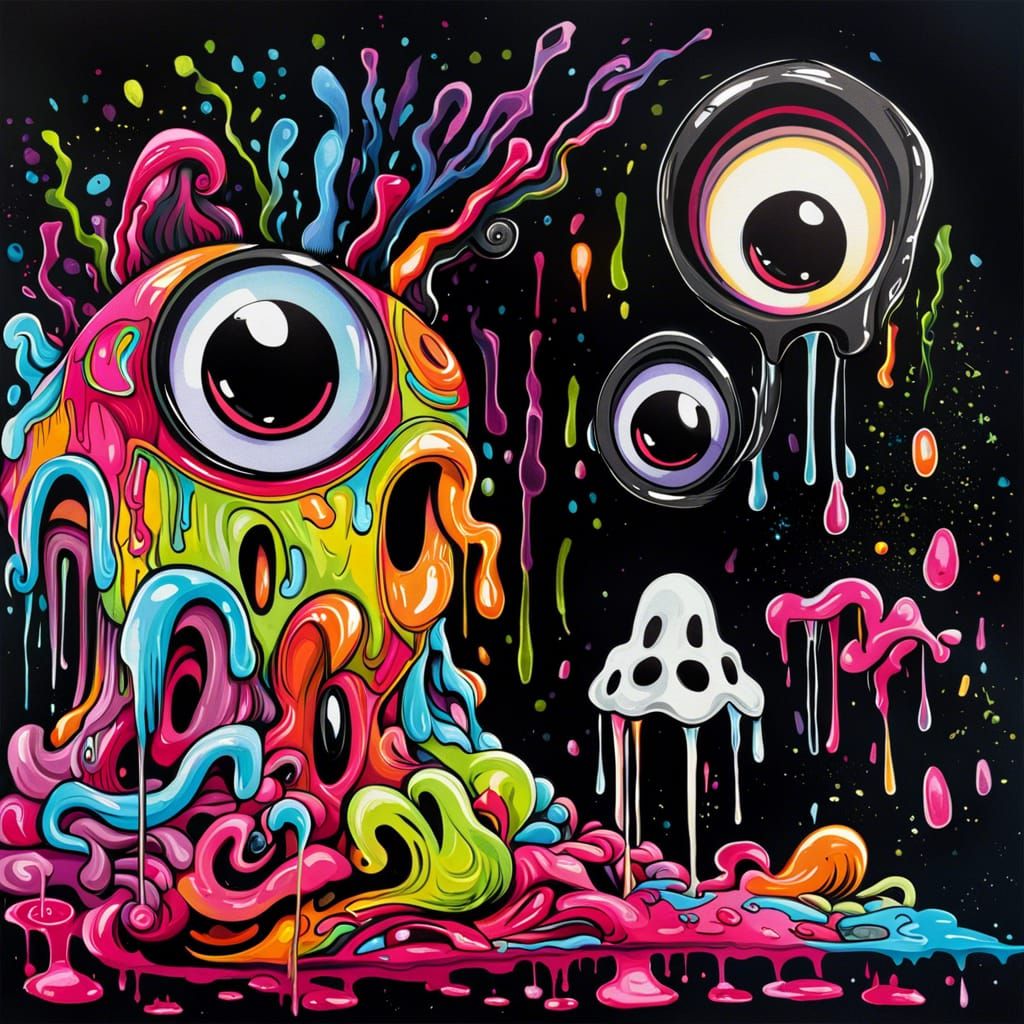 big eyed, goofy, cute ghost, graffiti art, splash art, spray paint, oil ...