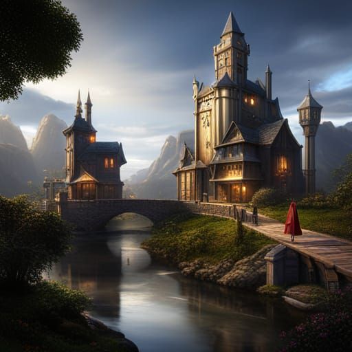 elf design, towers, stone buildings, lake castle, hyperrealism - AI ...